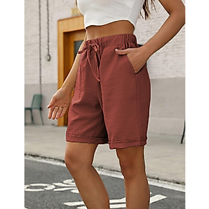 Yeokou Womens Casual Loose Elastic Drawstring Summer Beach Bermuda Pocketed Shorts(Red-XL)