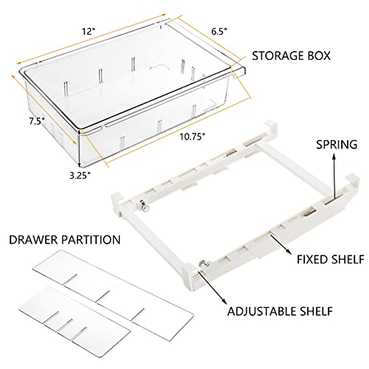 Yesland 2 Pcs Fridge Drawer Organizer with Handle and 4 Divided Sections - Pull-out Refrigerator Storage Drawers Bins and Refrigerator Storage Box - Clear Container for 0.6'' Fridge Shelf
