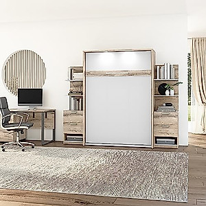 Bestar Cielo Full Murphy Bed with Nightstands and Floating Shelves (99W) in Rustic Brown and White, Sleeping Arrangement for Multipurpose Room