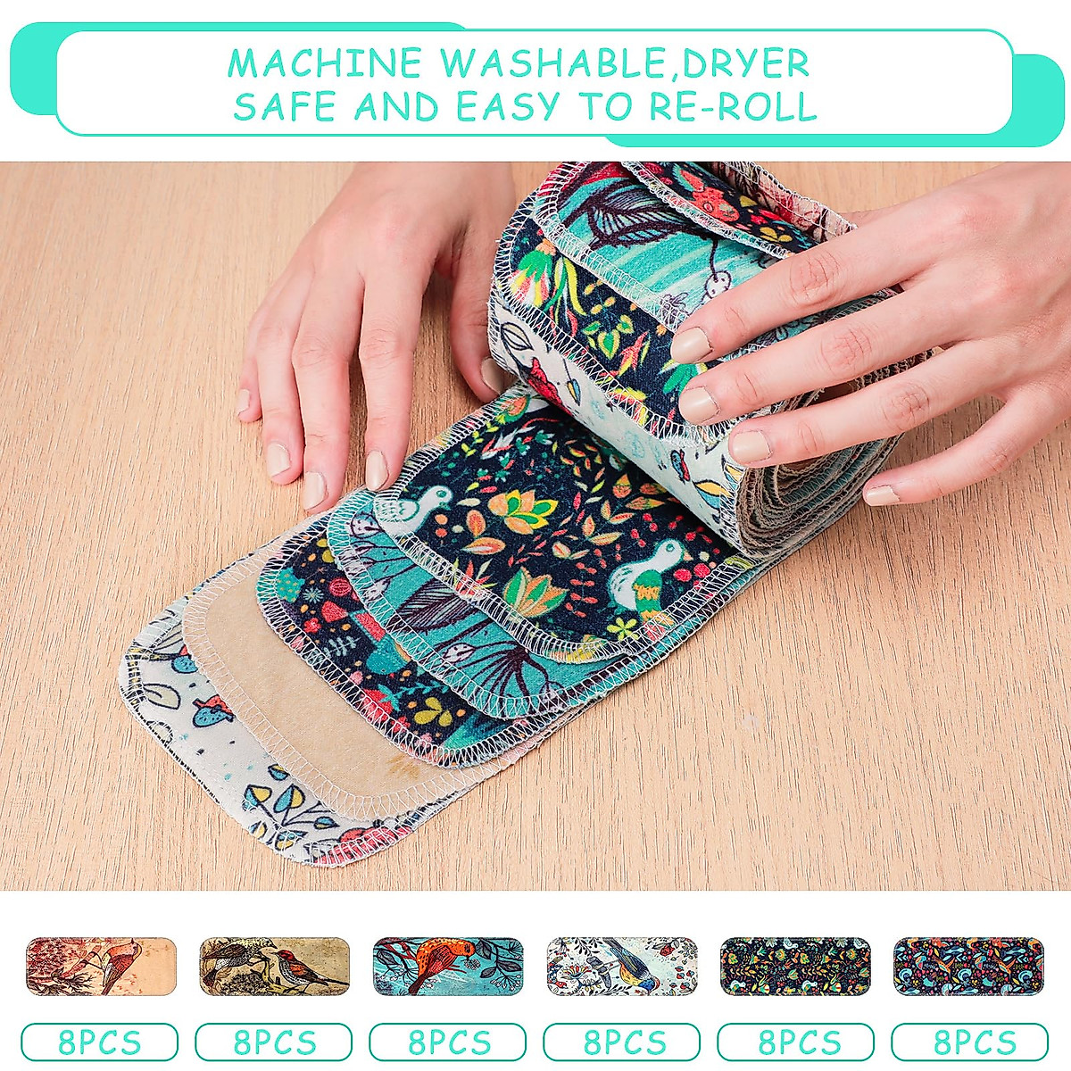 Newwiee 48 Pcs Reusable Toilet Paper Washable Cotton Cloth 12 x 4.3 Inches Paperless Towels Roll Reusable Bidet Towels 2 Sided Flannel Paper Towels Cloth Absorbent Paper Towels Roll No Waste (Bird)