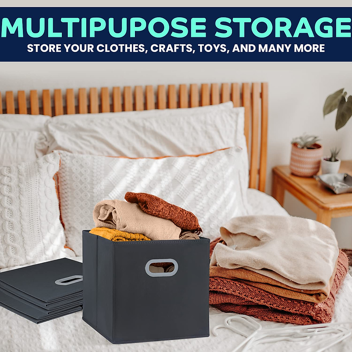 Pomatree 13x13x13 Storage Cube Bins - 6 Pack | Large and Sturdy, Dual Plastic Handles | Cube Storage Bins | Foldable, Closet and Storage Fabric Bin Baskets | Home and Office Organizers (Dark Grey)