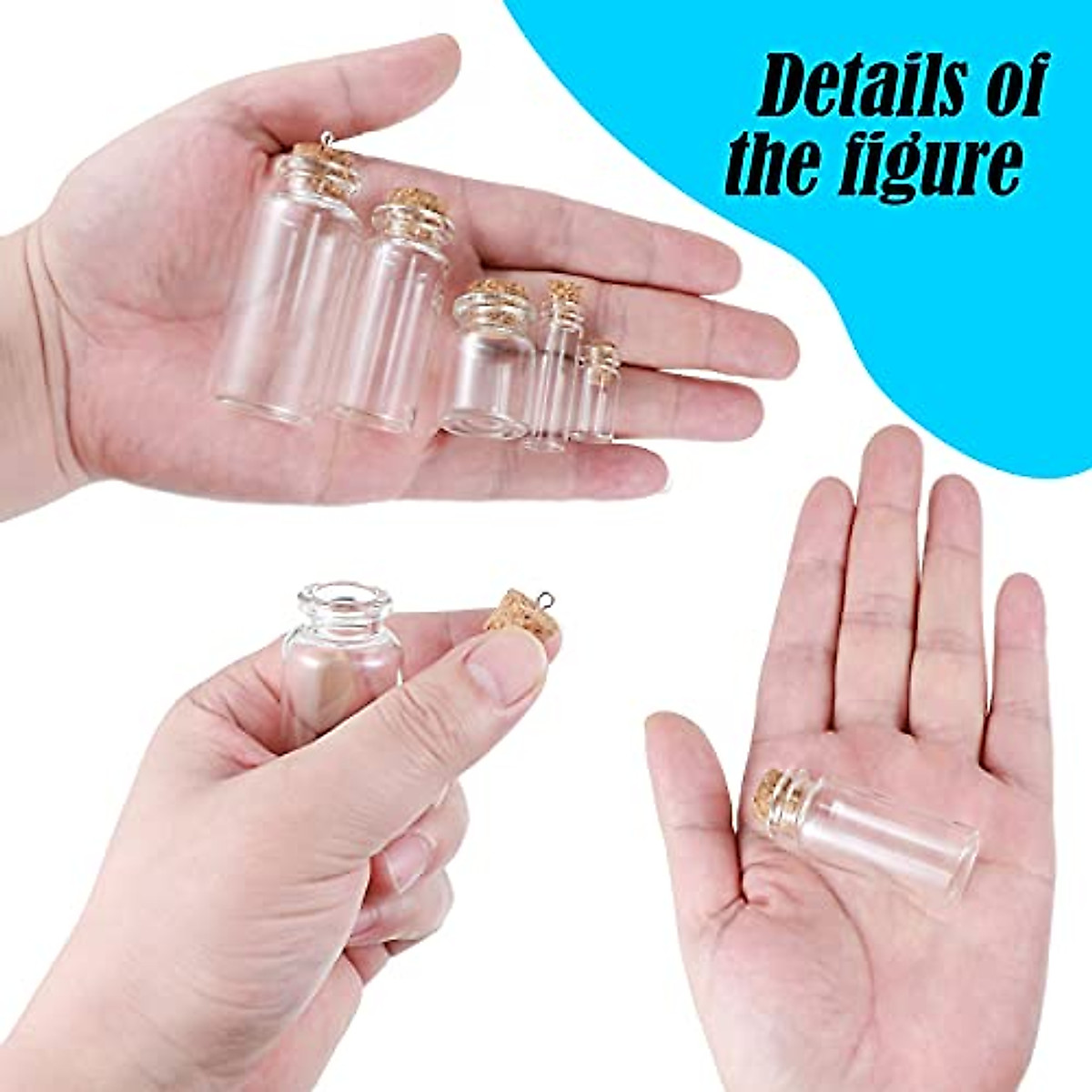 45 Pieces Mini Glass Bottles Clear Small Wishing Jars with Cork Stoppers Cork Glass Bottles with 50 Pieces Eye Screws and 3 Pieces Funnels for DIY Art Crafts Party Home Decoration, 5 Sizes