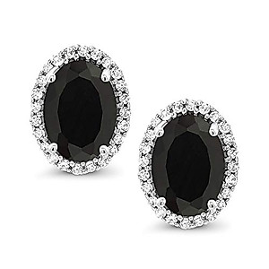 Gem Stone King 10K White Gold 7X5MM Oval Gemstone Birthstone and White Diamond Halo Earrings | White Gold Earrings for Women