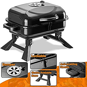 Portable Charcoal Grill Outdoor BBQ for Camping Folding Tabletop Grill with Lid for Outdoor Cooking Picnic Black