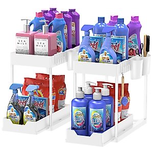 DILEASIR Under Sink Organizers and Storage Bathroom 2Pack, 2 Tier Kicthen Cabinet Basket Organizer, with Hooks, Hanging Cup, Dividers, Handles, Multi-purpose Under Sink Shelf Organizer, White