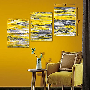 Kaupuar Canvas Wall Art Abstract,Yellow Wall Art Paintings for Bedroom Living Room Office Home Decoration Modern Canvas Artwork Wall Decor Ready to Hang 12''x16'', 3 Pieces