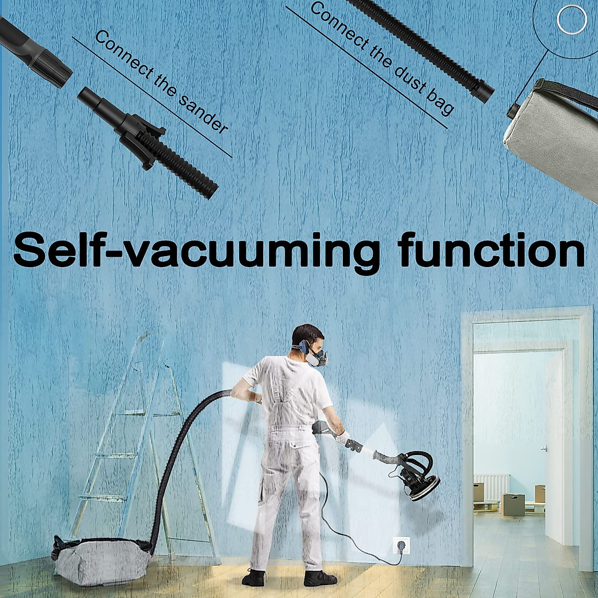 Drywall Sander, IMQUALI Electric Drywall Sander 1050W 8.5A Variable Speed 600-2600RPM Foldable Wall Sander with Vacuum, LED Light, Extendable Handle, Dust Bag and Hose, 12 Sanding Discs, IMQ-919