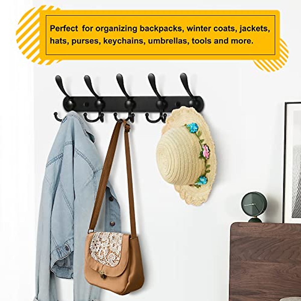 TBMax Coat Rack Wall Mounted - 2 Pack Sturdy Metal Coat Hook Rail with 5 Tri Hooks for Coat Hat Towel Purse Robes Mudroom Bathroom Entryway -Black