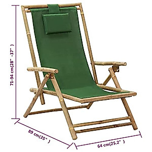 MBFLUUML Folding Beach Chair with Pillow, Beach Sling Patio Chair, Reclining Relaxing Chair Green Bamboo and Fabric Suitable for Lawn, Garden, Porch and Backyard.