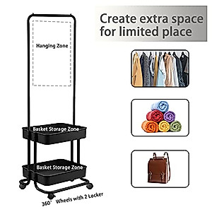 Clothing Garment Rack, Metal Clothing Rack with 2 Tier Basket ,Rolling Clothes Organizer with Wheels,Rolling Storage Cart Clothes Organizer Coat Rack Storage Stand for Home Bedroom Laundry(Black)