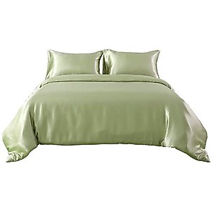 Opulence Bedding Silk Satin Duvet Cover Set Sage California King 3 Piece (Duvet Cover + 2 Pillowcases) Comforter Cover California King Size Zipper Closure