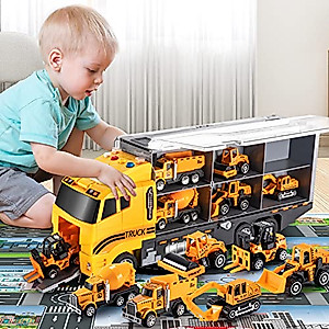 Toddler Toys for 3-9 Years Old Boys Construction Toys Car Double Side Transport Vehicle W/Play Mat, Die-cast Alloy Engineering Vehicle Gifts for Age 3 4 5 6 Kids Child Boys Girls Birthday Party Favor