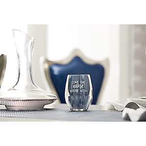 Lushy Wino – Love The Wine You're With – Cute, Novelty, Etched Stemless 16-Ounce Wine Glass with Funny Sayings in Gift Box
