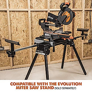 Evolution Power Tools R255SMS+ PLUS 10-Inch Sliding Miter Saw Plus Multi-Material Multi-Purpose Cutting Cuts Metal, Plastic, Wood & More 0˚ - 45˚ Bevel & 50˚ - 50˚ Miter Angles TCT Blade Included
