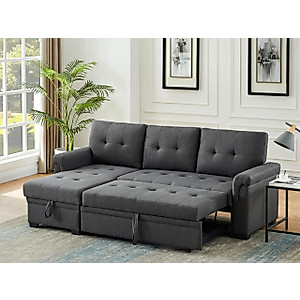 Lilola Home Lucca Dark Gray Linen Reversible Sleeper Sectional Sofa with Storage Chaise