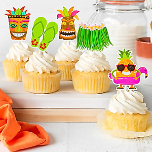 32pcs Hawaii Luau Cupcake Toppers Decoration Hawaiian Tropical Party Cupcake Toppers with Flamingo Pineapple Palm Leaves Tiki for Aloha Summer Party Supplies