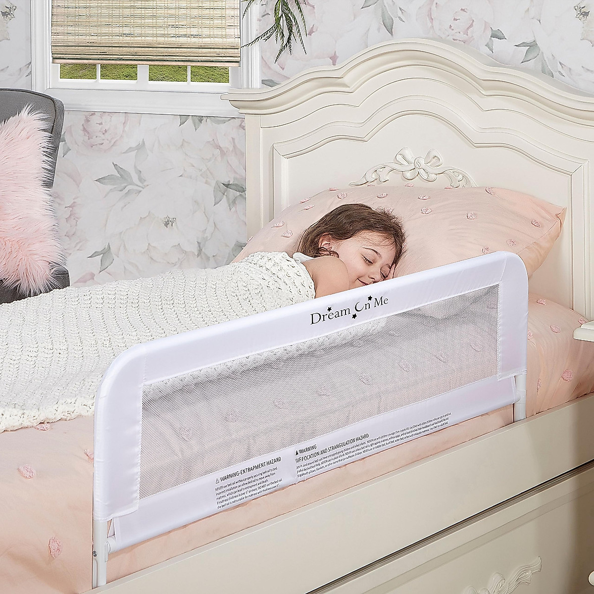Dream On Me Adjustable Mesh Bed Rail, Two Height Levels, Ready to Use, Compatible with Twin Size Beds, All Steel Construction, Equipped with Guard Gap, Durable Nylon Fabric Mesh, White
