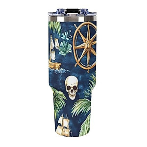 Skull Sailing Ship Parrot Coconut Tree 40oz Water Bottle Double Wall Insulated Tumbler with Handle Leakproof Travel Mug White-style