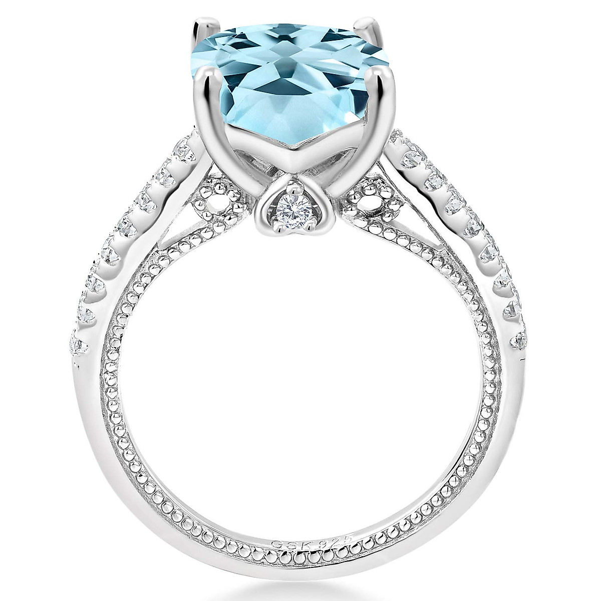 Gem Stone King 925 Sterling Silver Sky Blue Topaz and White Created Sapphire Ring For Women (4.52 Cttw, Cushion 10MM, Available in size 5, 6, 7, 8, 9)