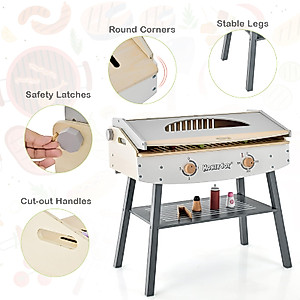 HONEY JOY Kids Pretend Barbecue Grill Playset, Wooden BBQ Toy Set w/ 17 Play Food& Cooking Accessories, 4 Solid Wood Legs, Interactive Kids Kitchen Playset Gift for Toddler Boys & Girls Age 3+