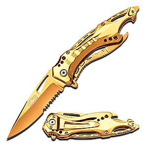 MTech USA – Spring Assisted Folding Knife – Partially Serrated Gold TiNite Coated Stainless Steel Blade, Gold TiNite Coated Aluminum Handle, Pocket Clip, Tactical, EDC, Self Defense- MT-A705GD