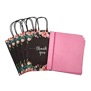 DjinnGlory 50 Pack Medium-Sized Floral Thank You Paper Gift Bags with Handles and Pink Tissue Paper for Boutiques, Weddings, Bridal Showers, Birthday Parties, 10x8x4 Inch (Black & Floral)