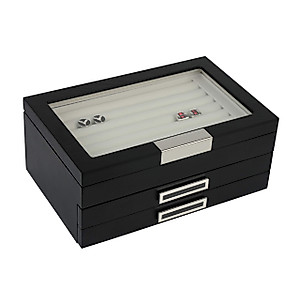 TIMELYBUYS Black Ebony Wood Cufflink Case & Ring Storage Organizer with Stainless Steel Engravable Design Accent Men's Jewelry Box for 108 Cufflinks