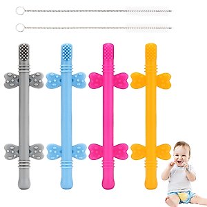 Hollow Teething Tubes with Safety Shield， Silicone Teether Toy for Babies 3-18 Months， BPA Free/Freezable Toddler Baby teether Toothbrush-Easy to Clean(Four-Color)