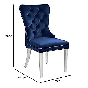 Meridian Furniture Carmen Collection Modern | Contemporary Velvet Upholstered Dining Chair with Button Tufting and Chrome Metal Legs, Set of 2, Navy, 21.5" W x 27" D x 39.5" H