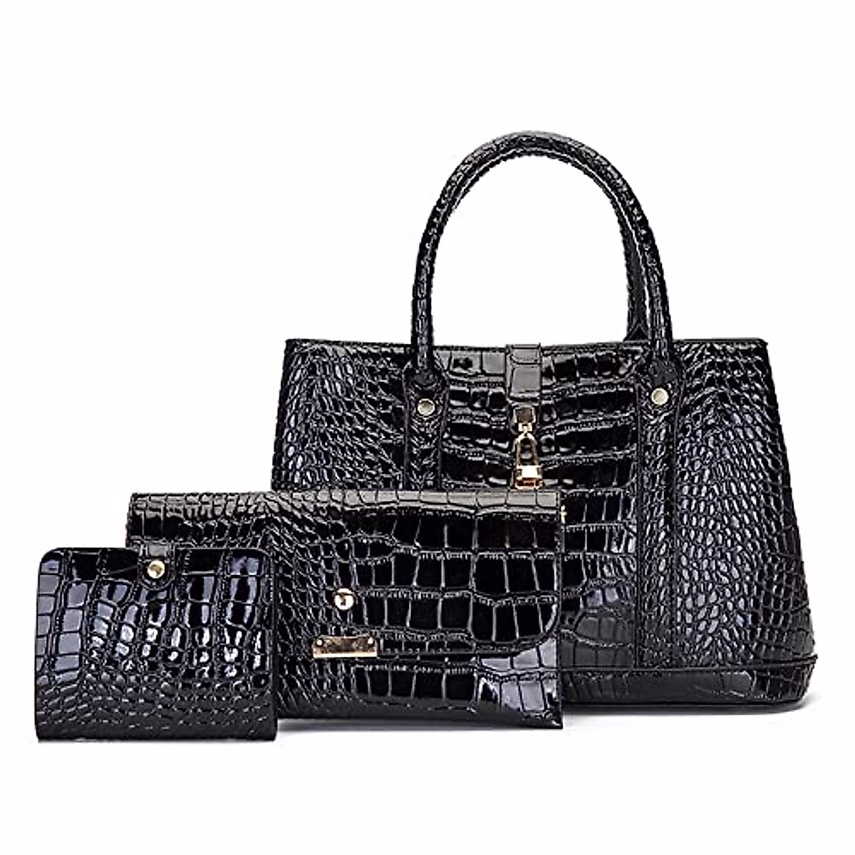 Retro Messenger Lock Bag Fashion Shoulder Handbags Three-piece Bags Crocodile Pattern Purses Female Top Handle Tote (Black)