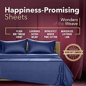 TEXAS LINEN CO. 800 TC Egyptian Cotton Sheets - 4 Piece Navy Blue King Size Cooling Sheet for Hot Sleepers, Luxury Egyptian Cotton Bedsheet, Sateen Hotel Sheets, Fits Mattress Upto 18'' DEEP Pocket