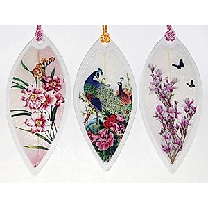 Lucore Home Leaf Bookmarks - Peacocks and Pink Flowers Asian Painting Lucky Charm, Ornament, Hanging & Wall Decor, Art Decoration - 3 Pcs, Made of Real Leaves