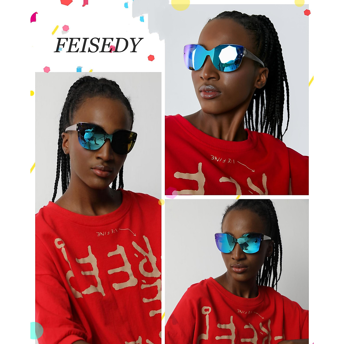 FEISEDY Cat Eye Sunglasses Polarized for Women Men，Rimless Mirrored Sunglasses, Oversized, Trendy Retro Sun Glasses B2796 Transparent Grey/Blue Mirror