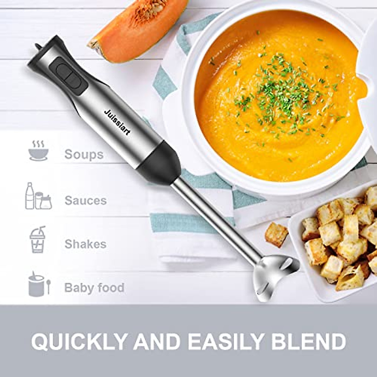 Jussiart Electric Immersion Hand Blender & Spiralizer/Vegetable Slicer 6-in-1 Food Prep Combo Kit, with 3 Spiralizing Blade Attachment for Zoodles, Grate, Ribbon, Spiral, Blend, Chop, and Puree