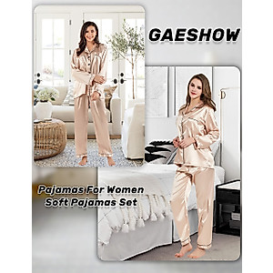 GAESHOW Silk Pajamas for Women Long Sleeve Button Down Sleepwear 2 Piece Loungewear Pjs Set Champagne