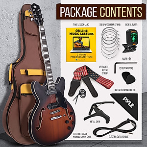 Pyle Semi Hollow Body Electric Guitar Set, 41.8” Full Size Jazz Instrument Kit w/ Gig Bag, Matte & Sunburst Finish