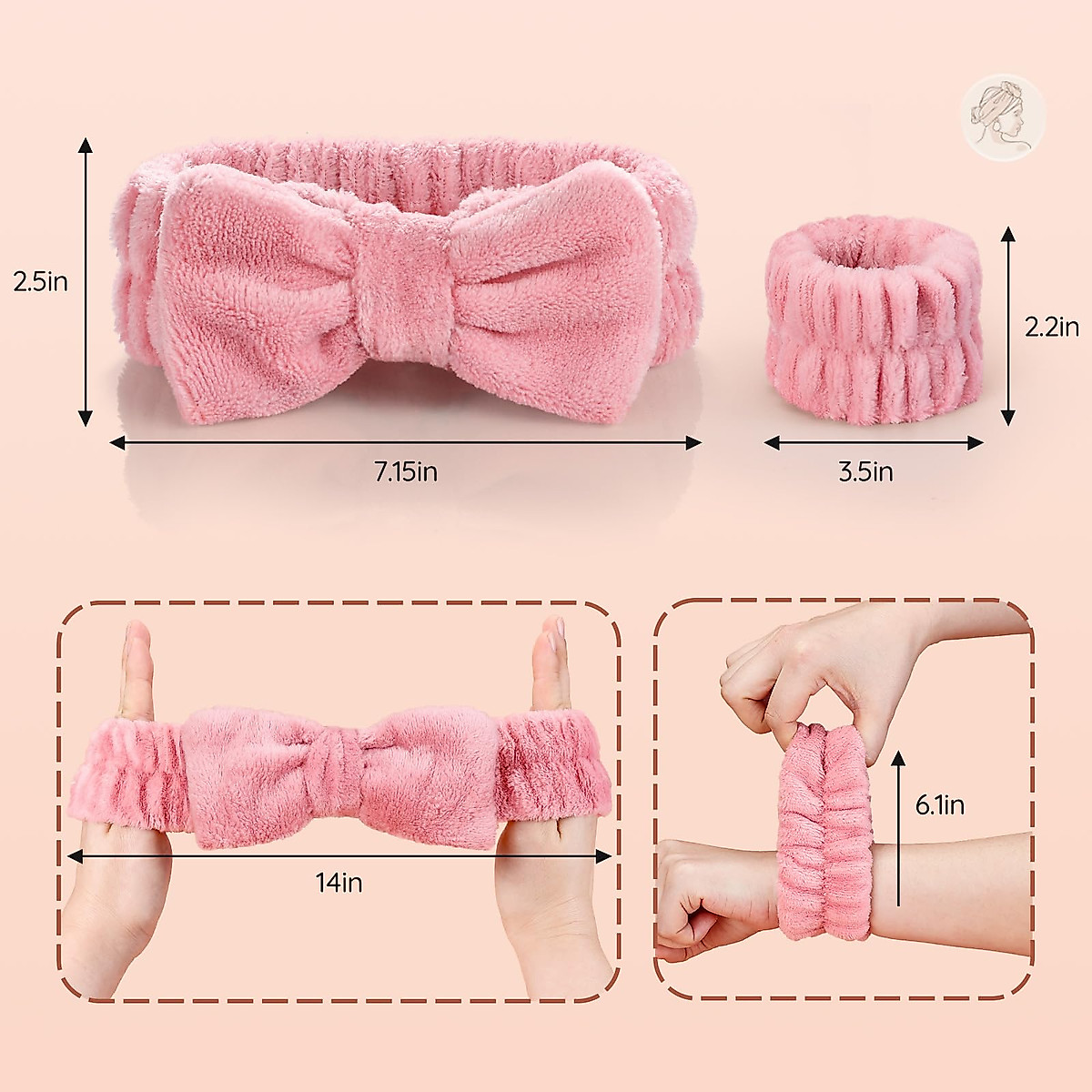 VITEVER 4 Pack Spa Headband for Washing Face with 8 Wristbands, Girl Hair Band, Microfiber Women Headbands, Headband and wrist bands to Skincare, Cosmetic, Shower-White, Brown, Rose Pink, Light Pink