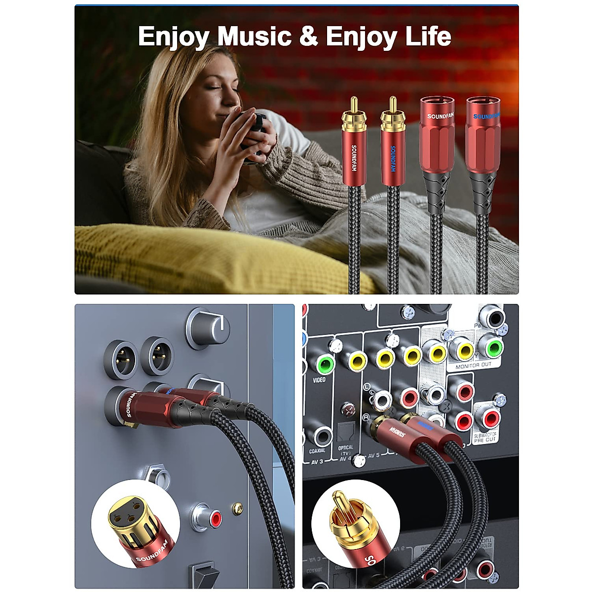 SOUNDFAM RCA to XLR Female Cable 10 Feet, 2 RCA Male to 2 XLR Female Phono Cable Adapter, Balanced 3pin XLR to Unbalanced RCA Speaker Cable for Amplifier Mixer Microphone - Wine Red…