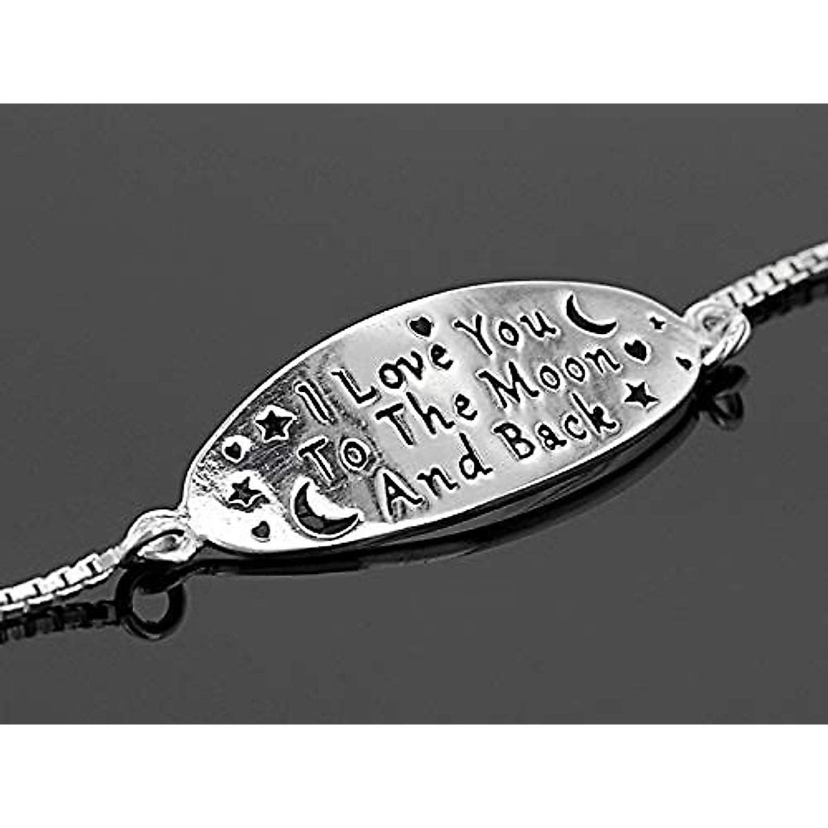 PORI JEWELERS 925 Sterling Silver I Love You To The Moon and Back Inspirational Quote Adjustable Charm Bracelet - Yellow or Silver (Silver)