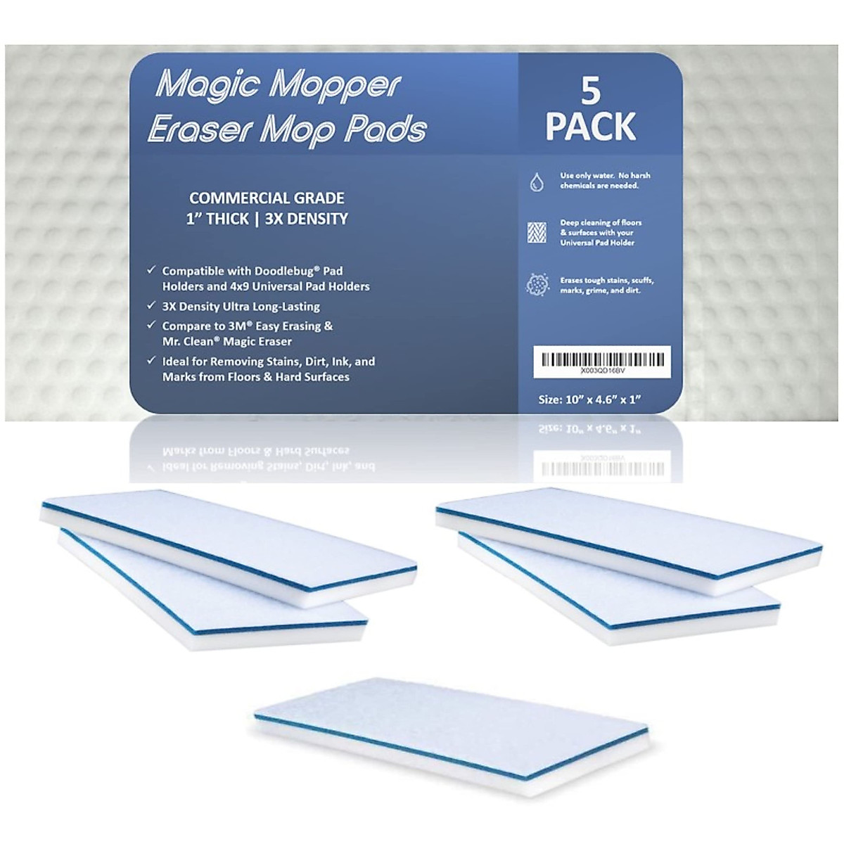 Magic Mopper Eraser Pads - 5 Pack 4.5" x 10" x 1" Commercial Grade Melamine Sponges for Floor, Tile, Grout, Baseboard & Walls - Durable & Versatile Cleaning - Compare to Magic Eraser - Doodlebug Pad