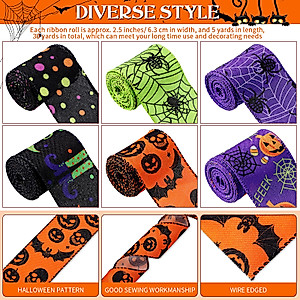 6 Rolls 30 Yards Wired Edge Ribbons - Bat Spider Web Printed Ribbons with Witch Legs, Skull, Pumpkin Designs - Perfect for Halloween Home Decor, Wreaths, DIY Crafts and Floral Bows