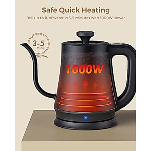 Electric Gooseneck Kettle with Variable Temperature Control,Tea Kettle & Pour Over Coffee Kettle,100% Stainless Steel Inner Lid & Bottom,Quick Heating, Auto Shutoff Anti-dry Protection,1000W-1 L