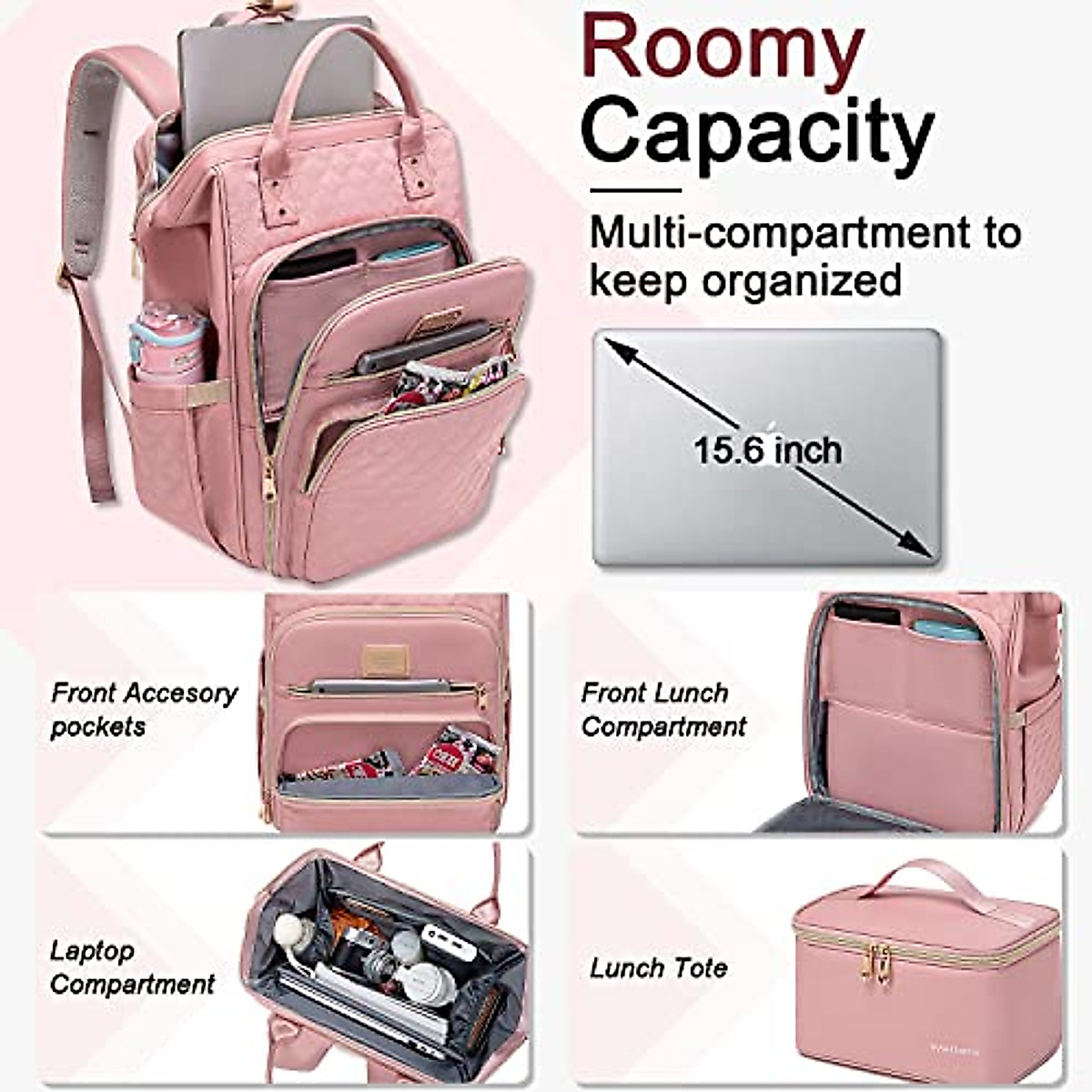 Weitars 15.6 Inch Laptop Backpack For Women School /Travel Backpack, Teacher Nurse Work Backpack with Lunch Box Compartment Bookbag Computer Backpack (Pink)