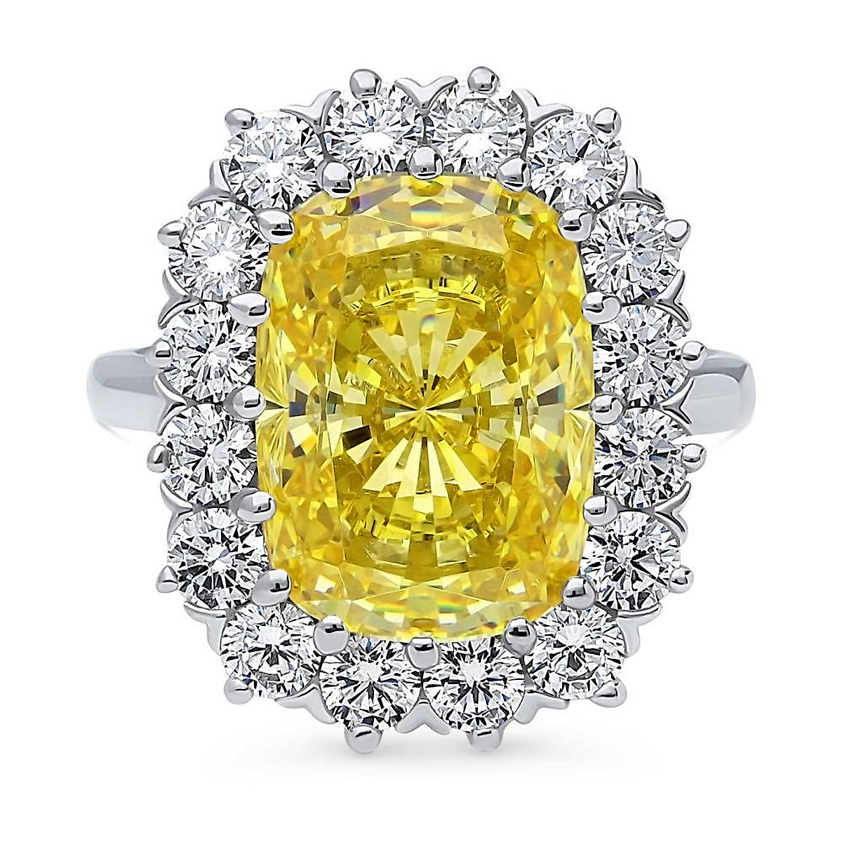 BERRICLE Sterling Silver Halo Yellow Cushion Cut Cubic Zirconia CZ Statement Cocktail Fashion Ring for Women, Rhodium Plated Size 8