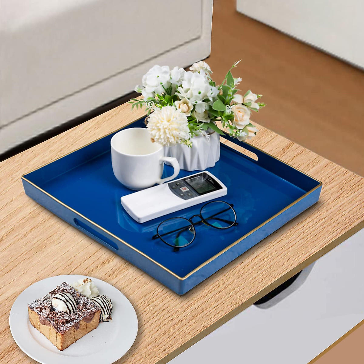 MAONAME Decorative Tray, Royal Blue Serving Tray with Handles, Coffee Table Tray, Square Plastic Tray for Ottoman, Bathroom, Kitchen, 13"x13"x1.57"