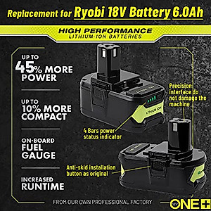 TenHutt 【Upgrade】 2 Packs 6.0Ah P108 Lithium Replacement Battery for Ryobi 18V ONE+ Cordless Power Tool Compatible with P102 P103 P104 P105 P107 P108 Lithium Battery