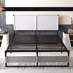 Fangflower Metal Platform Bed Frame with Headboard, 13 Inches Queen Size Bed Frame, Heavy Duty Steel Slat Mattress Foundation/No Box Spring Needed/Tool Free Setup