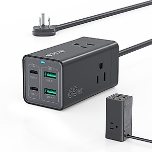 TROND 65W USB C Charger-7 in 1 Dual Voltage Travel Power Strip USB C Desk Charging Station with 2 USB-C Ports & 2 USB-A Ports, Fast Charging Extension Cord with 3AC Outlets, Black