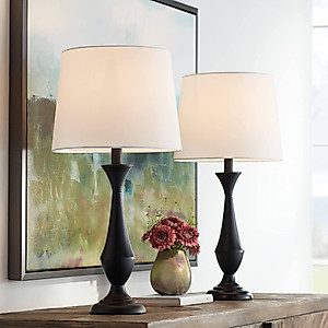360 Lighting Joyce Modern Table Lamps 24" Tall Set of 2 Black Metal White Linen Tapered Drum Shade Decor for Bedroom Living Room House Home Bedside Nightstand Office Entryway Kids Family