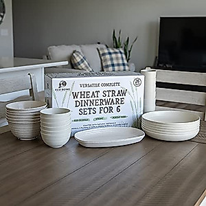 Eco Being Wheat Straw Dinnerware Set for 6 - Light and Unbreakable Plates, Cups, Bowls and Share Dishes. Stackable and Sturdy, Microwavable and Dishwasher Safe Dishes in Beige.